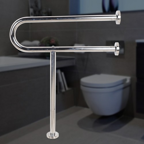 U-Shaped Handicap Grab Bars Support Rail Fold Flip-Up Handrail w/ Stand ...