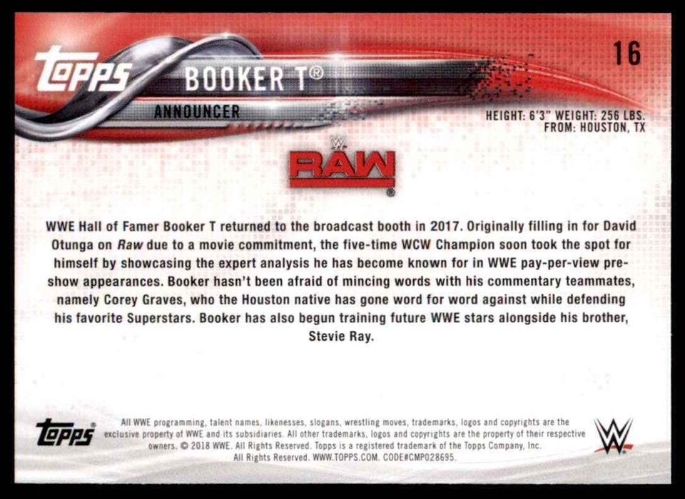 2018 Topps Wwe Wrestling Card Booker T #16 143471 | eBay