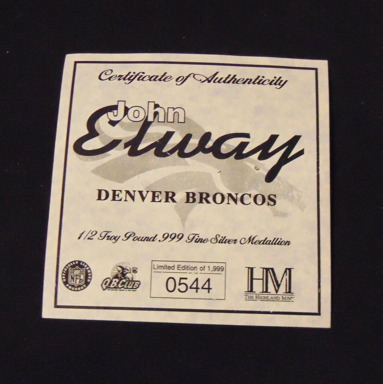 JOHN ELWAY BRONCOS 6 TROY OUNCES 999 FINE SILVER ROUND HIGHLAND MINT ...