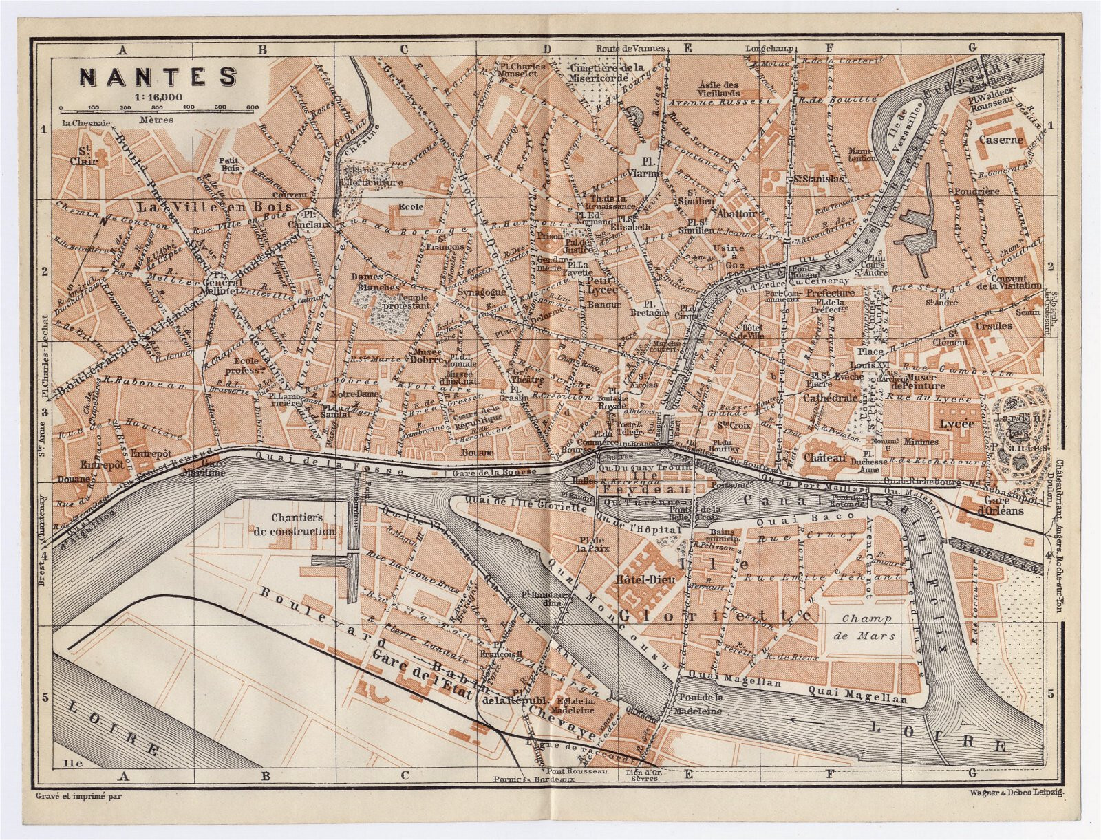 1909 Original Antique Nantes City Map, Loire, France (8 x 6 in)
