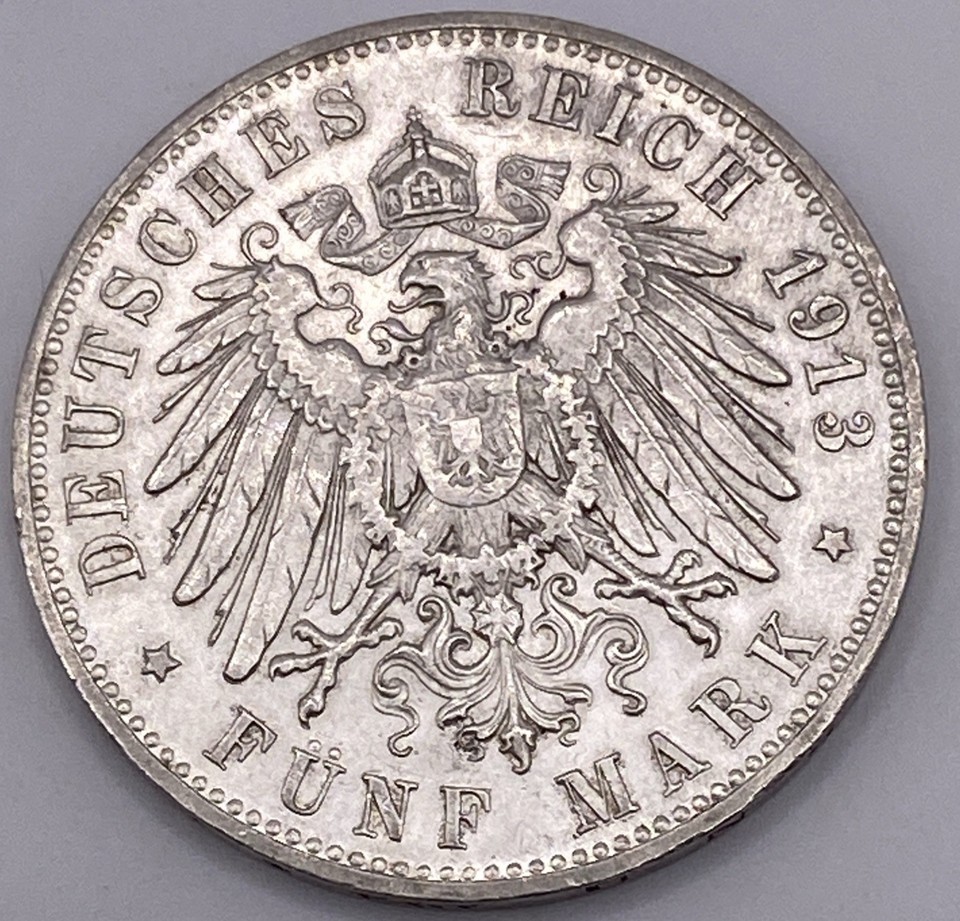 1913 Germany States 5 Funf Mark.900 Silver Coin Wilhelm II German ...