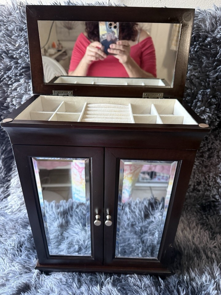 Wood Jewelry Box Organizer Cabinet w/ Mirror, Drawers, Side Doors ...