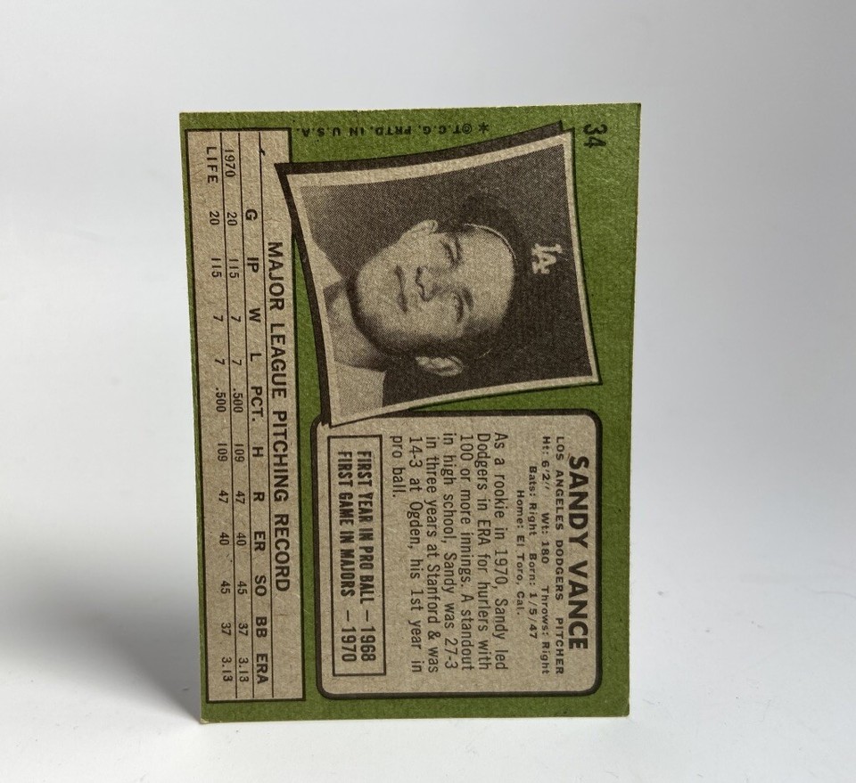 1971 Topps #34 Sandy Vance Rookie RC Los Angeles Dodgers NM | eBay