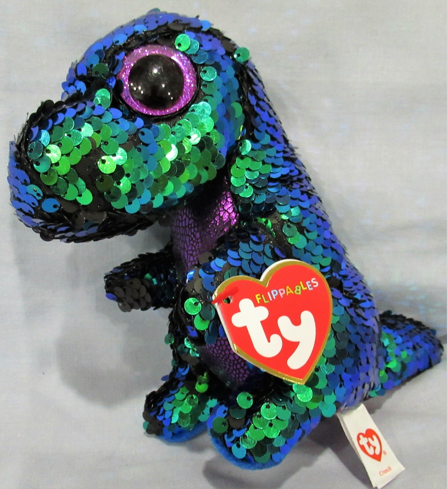 CRUNCH - DINOSAUR - Ty FLIPPABLES Sequin Beanie 6" Boos - NEW with MINT ...