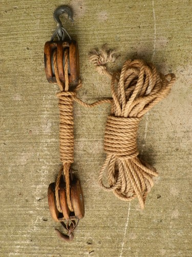 Vintage Wood Block Double Pulleys Hooks 80+ Feet Rope Block & Tackle | eBay