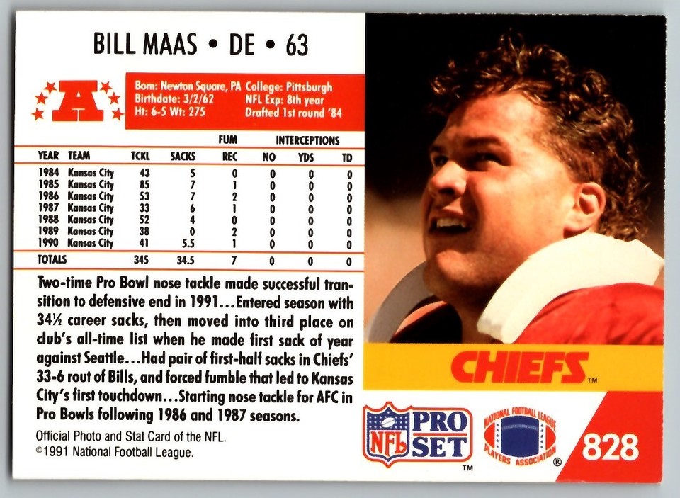 1991 PRO SET BILL MAAS KANSAS CITY CHIEFS #828 | eBay