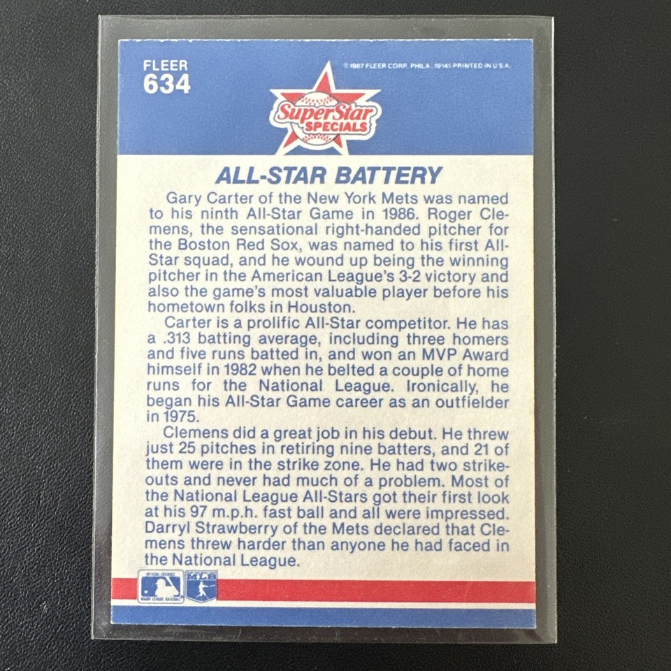 1987 Fleer Glossy #634 'All Star Battery' Gary Carter & Roger Clemens ...