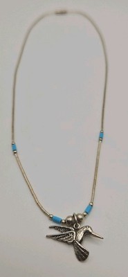 Liquid Silver Hummingbird Necklace w Turquoise Beads Sterling Signed ...
