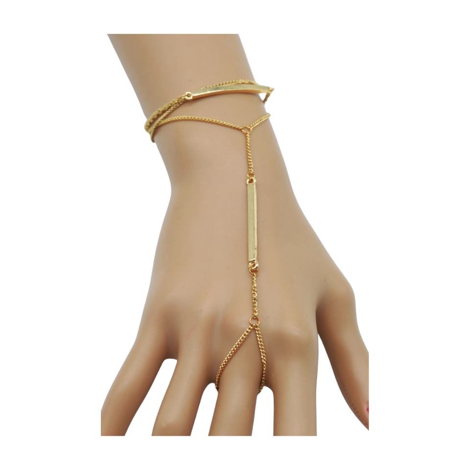 Women Gold Metal Hand Chain Bracelet Long Plate Connected Ring Modern ...