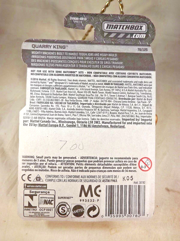 2016 Matchbox 76/125 Construction QUARRY KING Blue w/Chrome Ringed Gear ...