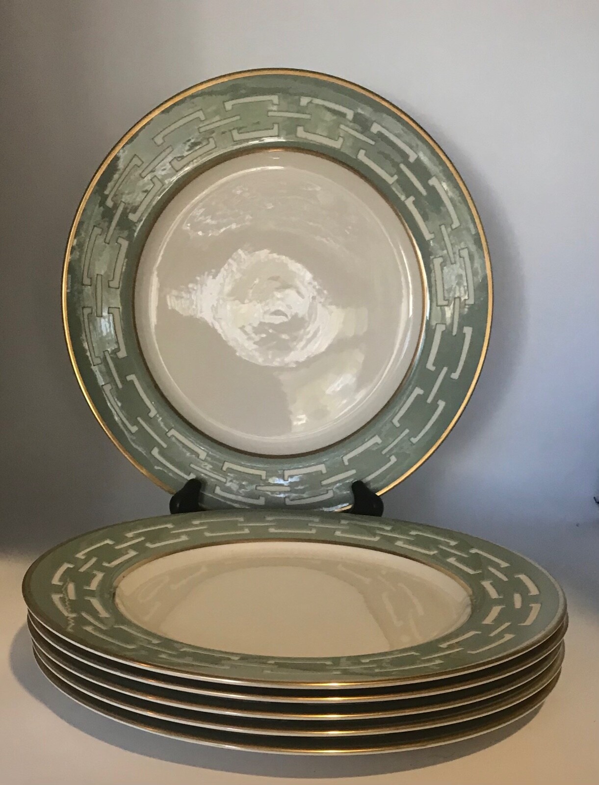 CAROLE STUPELL GREEN CHINA GOLD RIM SET 6 DINNER PLATES | eBay