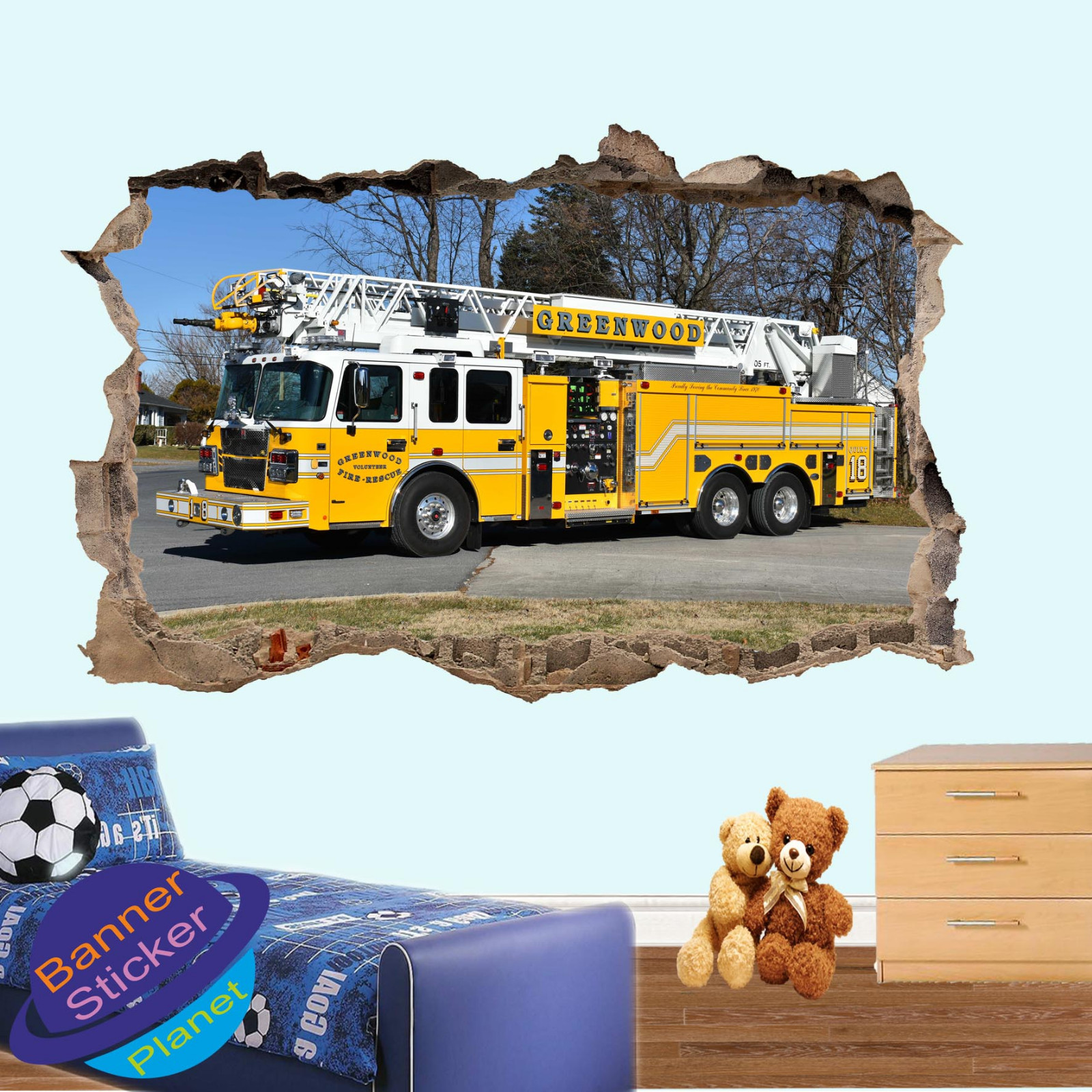 YELLOW FIRE ENGINE POSTER WALL STICKER 3D ART EFFECT ROOM DECOR DECAL ...