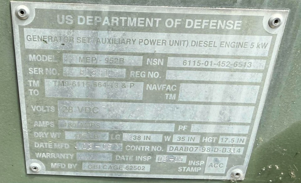MILITARY 28V DC 5KW DIESEL GENERATOR APU MEP-952B FARYMANN 43F AUX ...