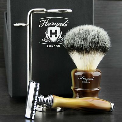Super Silver Tip Synthetic Hair Shaving Brush With Stand and DE Safety ...
