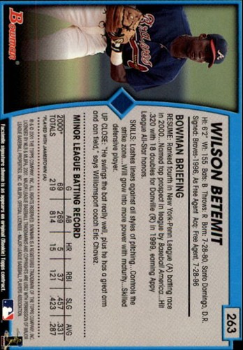 2001 Bowman Atlanta Braves Baseball Card #263 Wilson Betemit RC | eBay