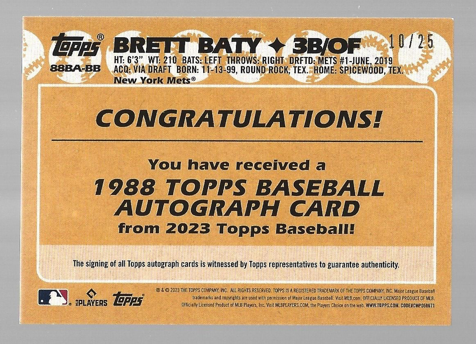 Brett Baty 2023 Topps Certified Autograph Issue RC 1988 Anniversary Red ...