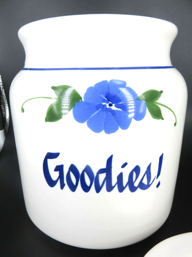 Vintage GOODIES COOKIE JAR with LID hand-painted stoneware pottery Blue ...
