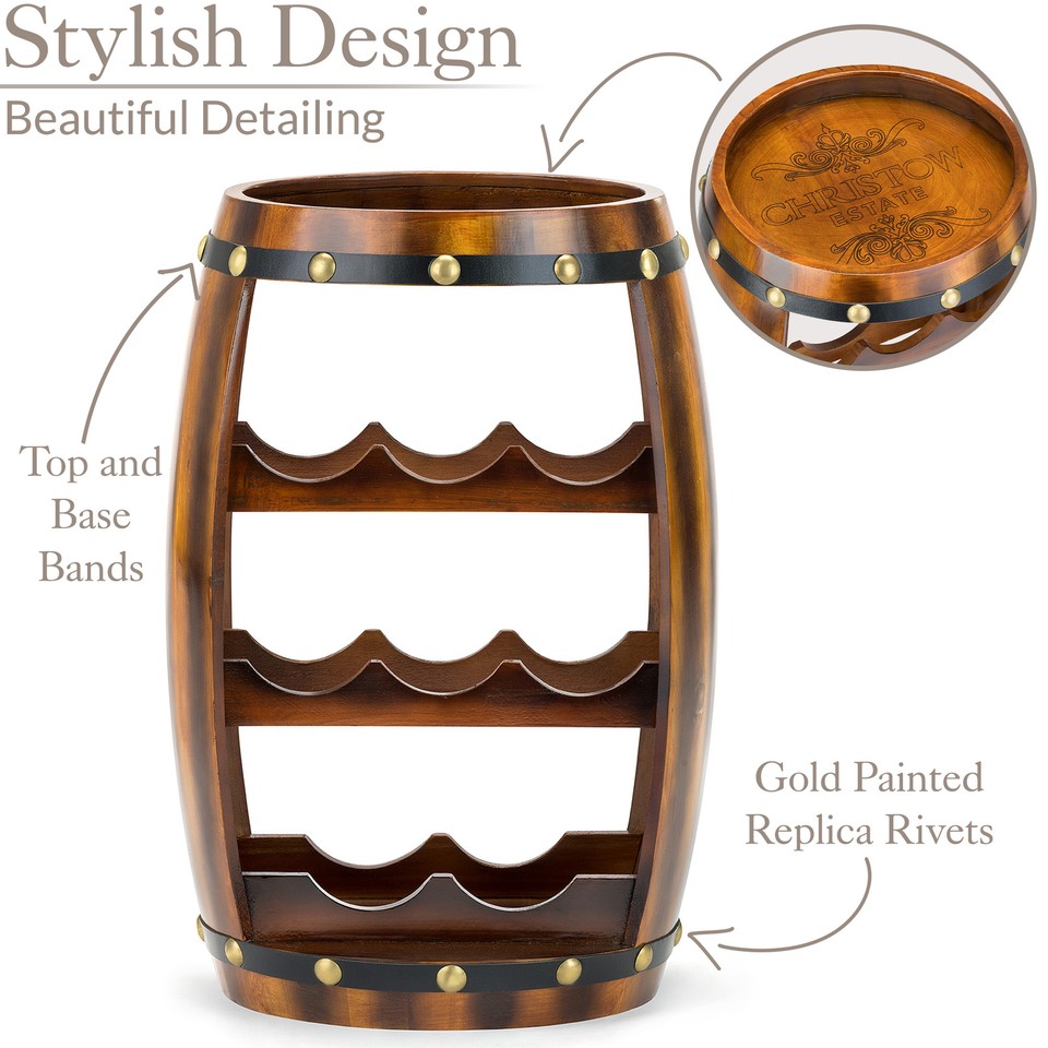 Barrel Wine Rack Wooden Free Standing 8 Bottle Storage Holder H50cm ...