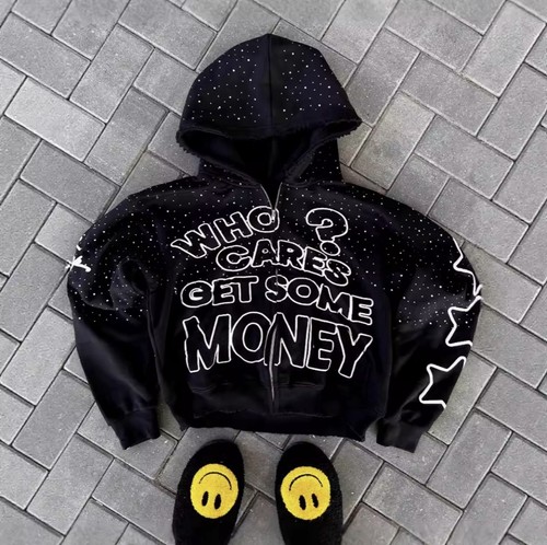 “WHO CARES GET SOME MONEY” Rhinestone Crop Zip Hoodie | eBay