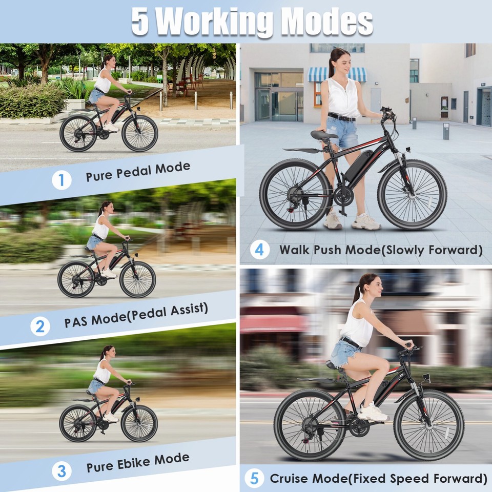 26in 500W 48V Electric Bike, E-Mountain Bicycle 21-Speed Cruiser e Bike ...