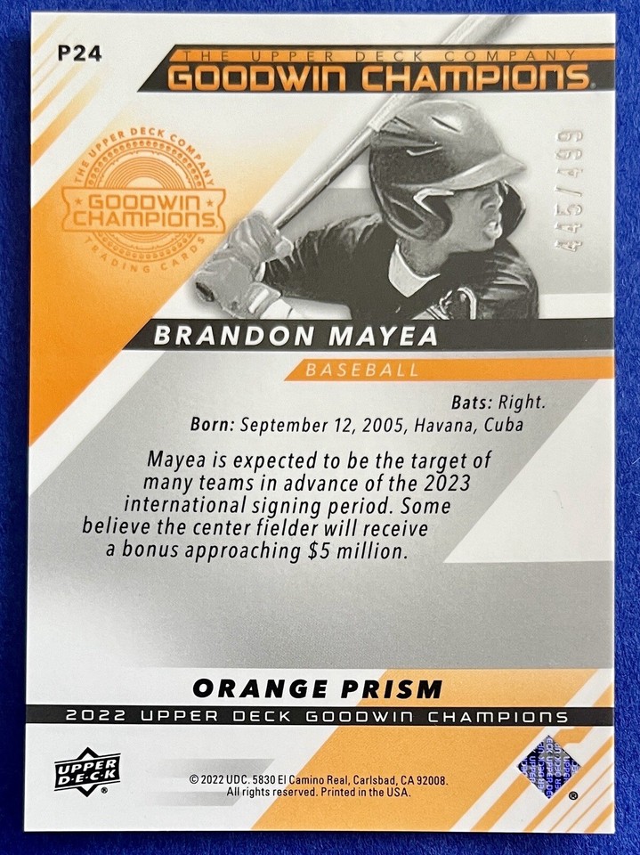 Brandon Mayea 2022 Upper Deck Goodwin PREMIUM ORANGE PRISM #P24 /499 ...
