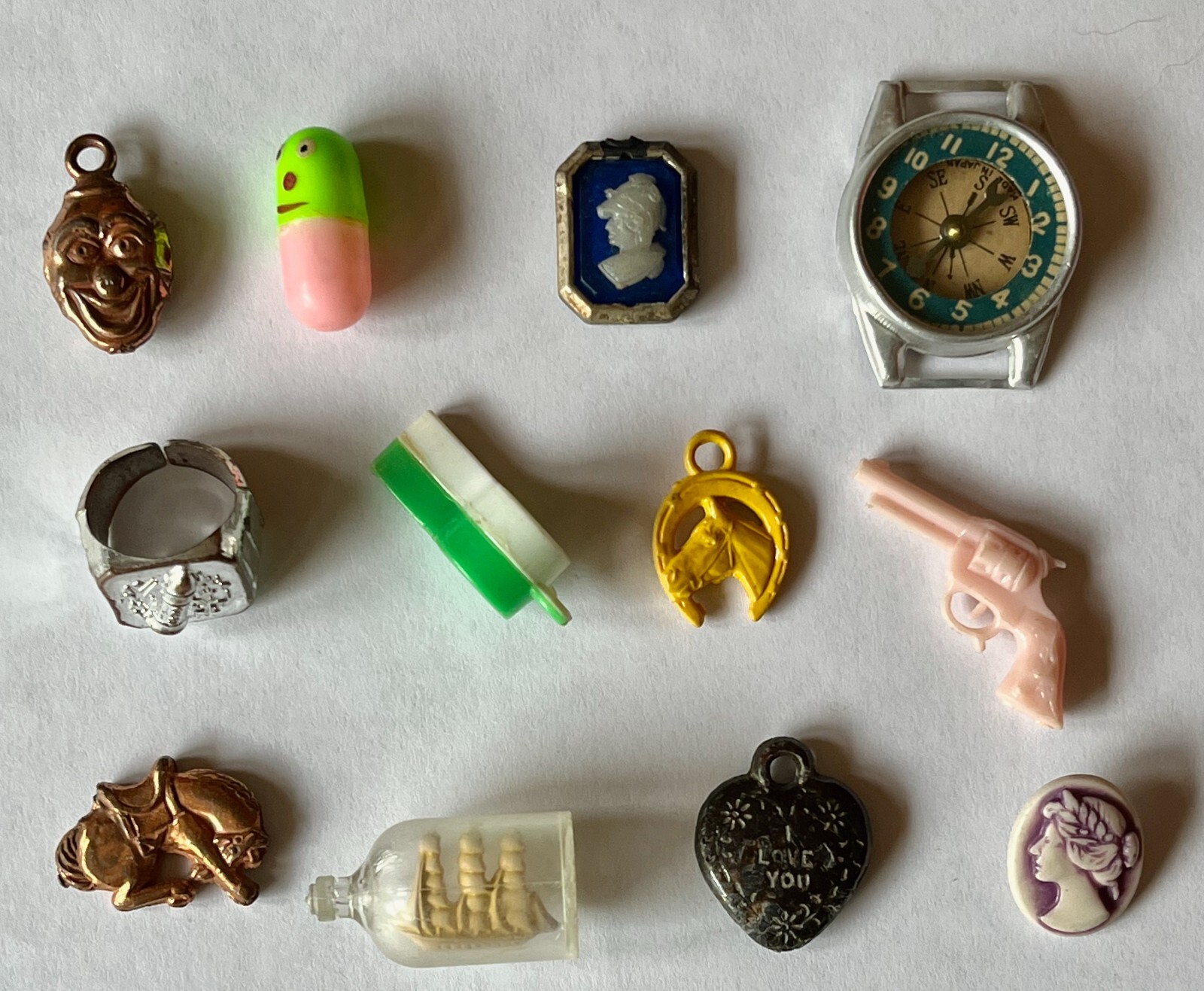 12 Vintage Cracker Jack Toy Prizes Metal & Plastic Ship in Bottle Space Ring T | eBay