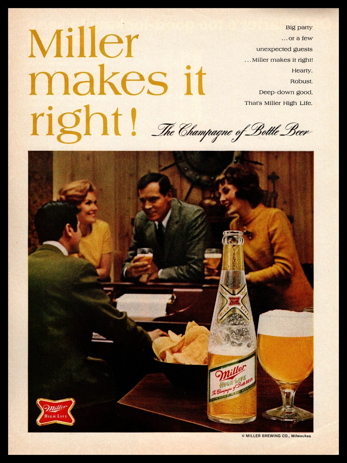 1968 Miller High Life Beer Bottle Chips "Miller Makes It Right" Vintage ...