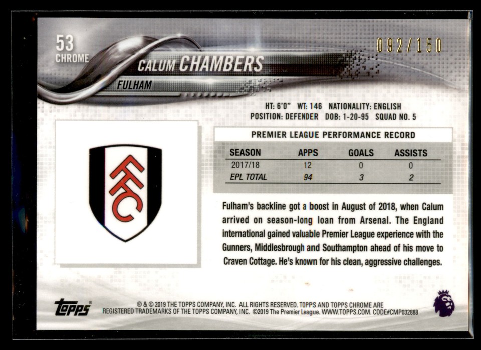 2018-19 Topps Chrome Premier League BLUE REFRACTOR Calum Chambers #92/ ...