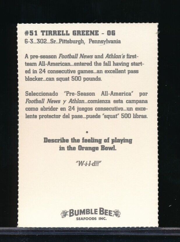 1994 Bumble Bee Miami Hurricanes Tirrell Greene #51 signed auto ...