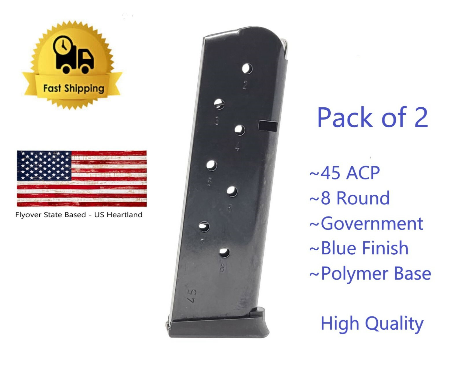 1911 Magazine 2 Pack 8 Round 45 ACP Fit Colt Kimber RI Springfield 45 ...