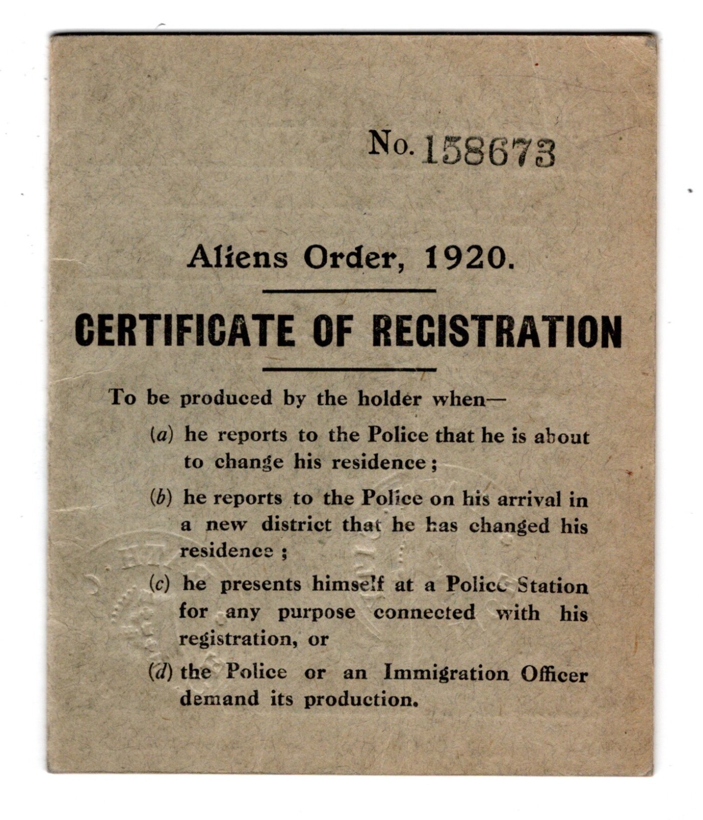 Aliens Order, Certificate of Registration, Staub, United Kingdom, 1920 ...