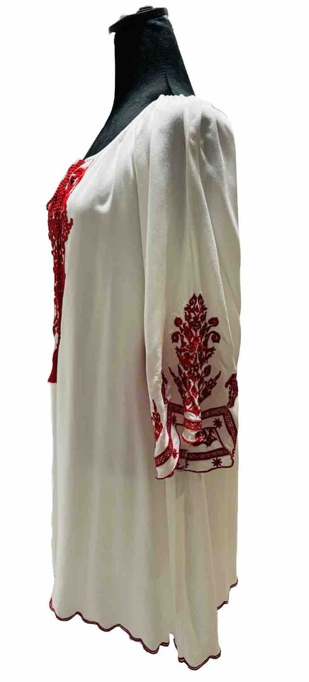 Chic Connection Red & White Cotton Blend Embroidered Mini Tunic Dress ...