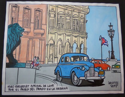 CUBA Classic Car Drawing 1940 CHEVY DELUXE by Lacoste from CUBAN POSTER ...