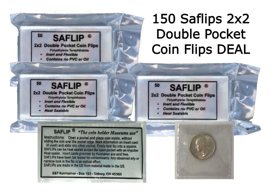 150 SAFLIPS 2x2 Coin Plastic Holders Archival Sleeves Mylar Flips 3 ...