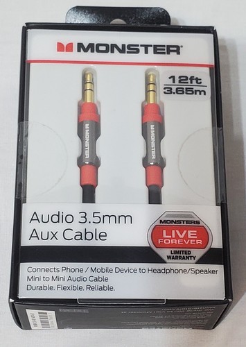Monster Audio 3.5mm Aux Cable Black and Red Durable &Flexible 12 Ft New ...