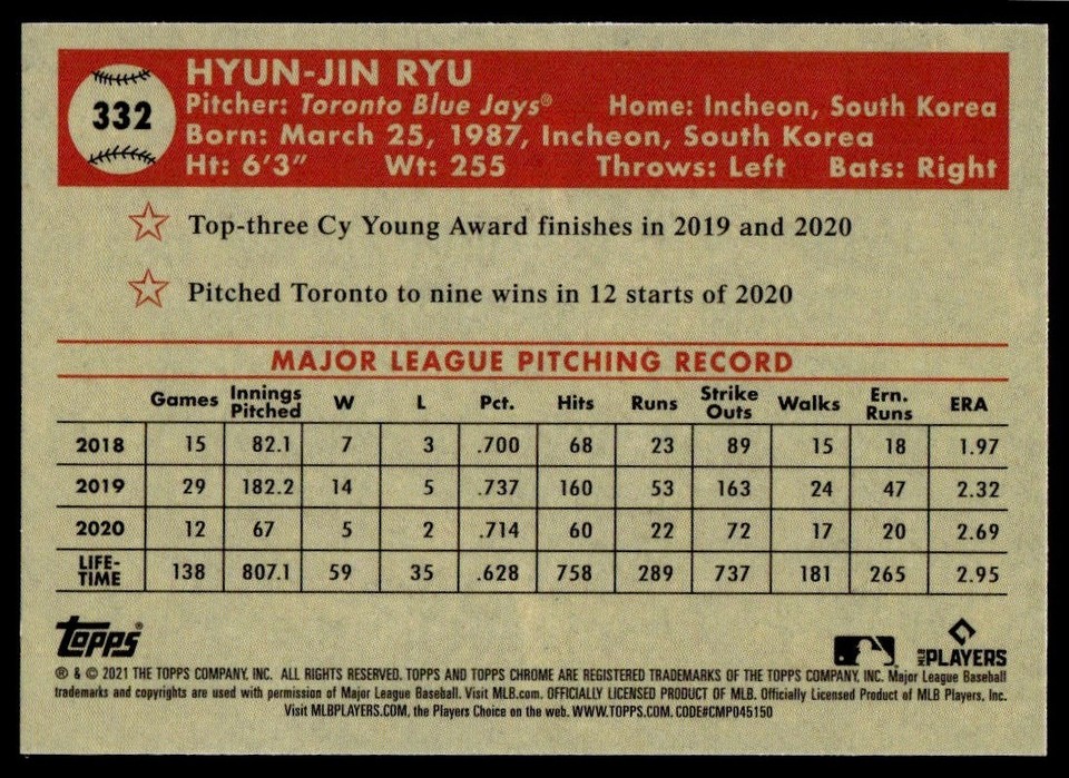 2021 Topps Chrome Platinum Anniversary Hyun-Jin Ryu Toronto Blue Jays ...
