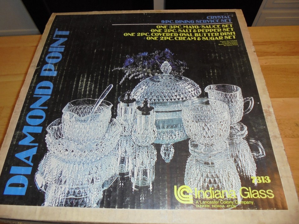 Vintage Indiana Glass Diamond Point 9 Piece Dining Service Set with Box ...