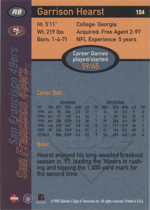 Preços baixos em 1998 Collector's Edge 1st Place Garrison Hearst #104 ...