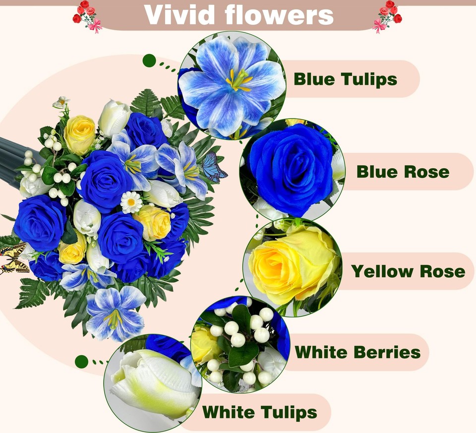 Cemetery Flowers for Grave,Blue Memorial Silk Bouquet with Vase for ...