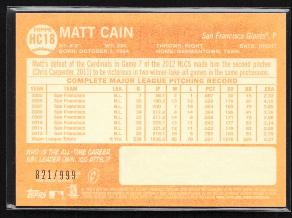 2013 Topps Heritage #HC18 Matt Cain Chrome /999 SN999 Card | eBay