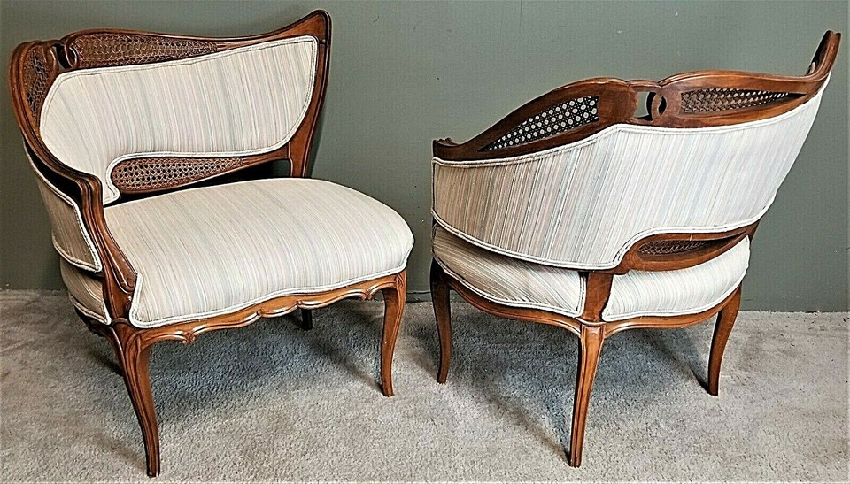 (2) French Provincial Fauteuil Carved Wood Upholstered Accent Chairs ...