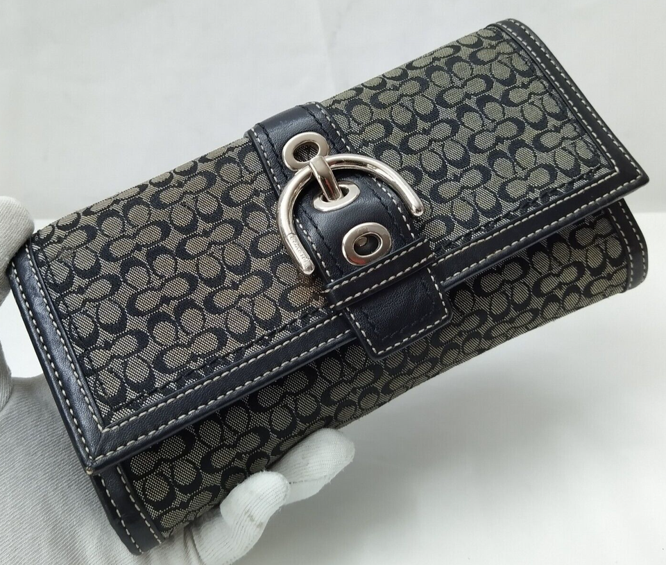 Coach Signature Black Canvas Buckle Credit Card ID Window Trifold ...