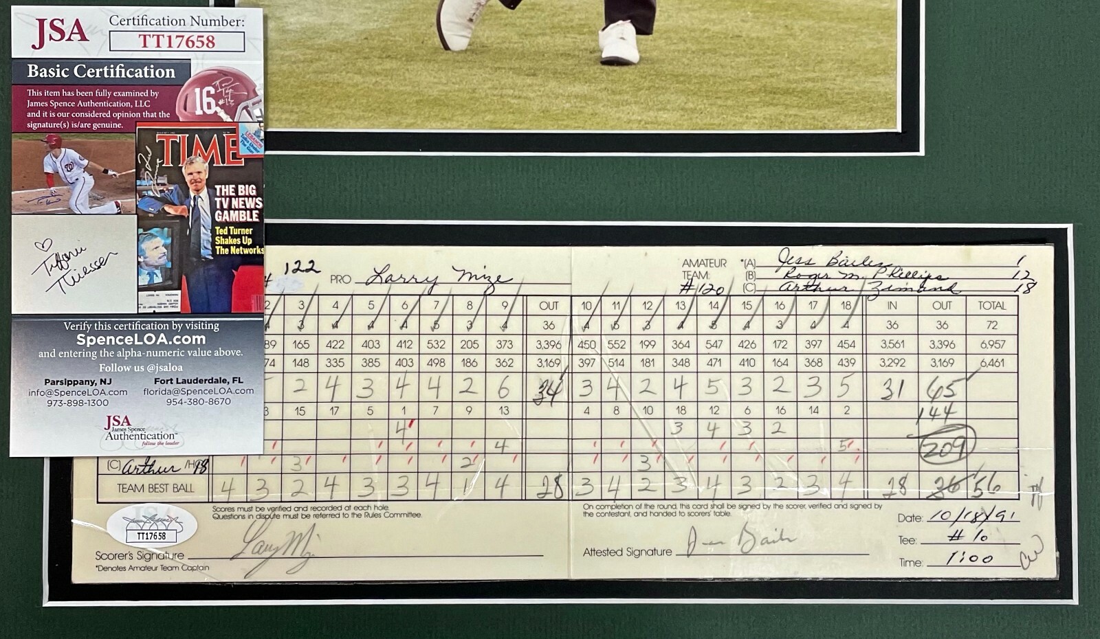 LARRY MIZE Autograph Hand SIGNED Used GOLF SCORE CARD Matted with PHOTO ...