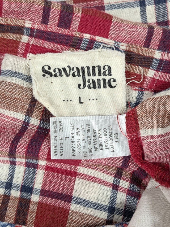 Savanna Jane Plaid Linen Floral Embroidered Back Shirt Button Down Sz ...