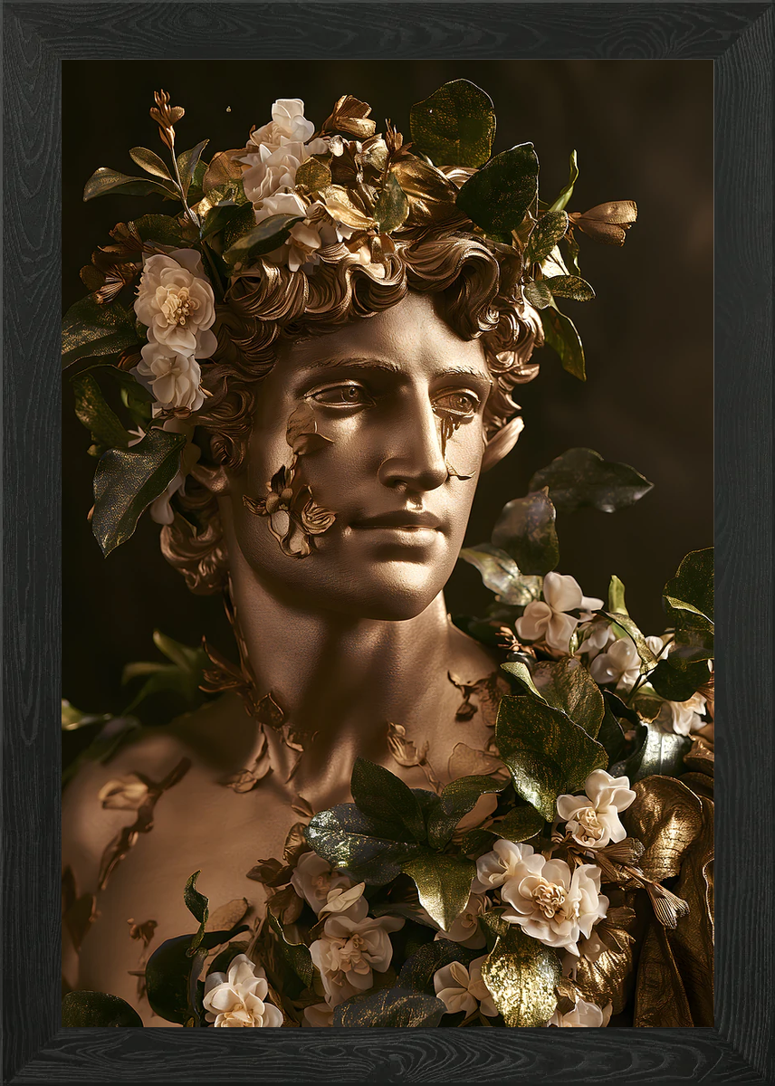 Golden David Statue with Flowers Framed Wall Art Poster Canvas Print ...