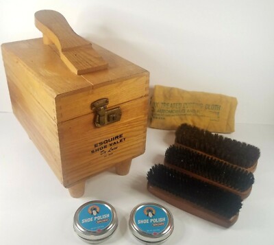 Shoeshine Box Wooden Esquire Shoe Valet De Luxe 3 Bristle Brushes ...