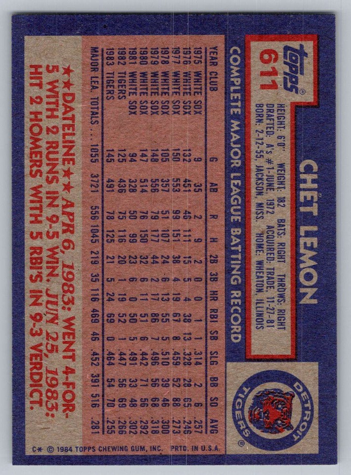 1984 Topps #611 Chet Lemon Detroit Tigers | eBay
