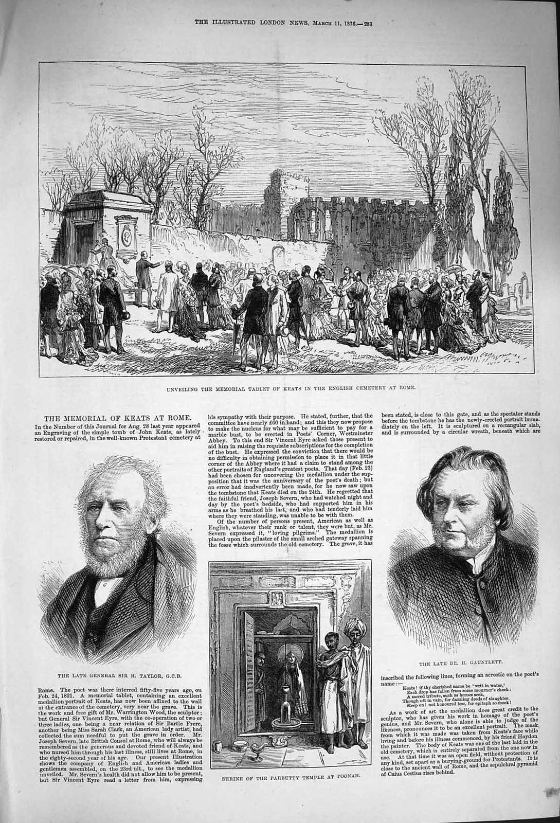 Old Antique Print 1876 Memorial Tablet Keats Rome Taylor Gauntlett ...