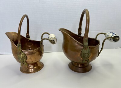 PAIR VTG Copper Coal Scuttle Ash Buckets Delft Porcelain & Brass Handle ...