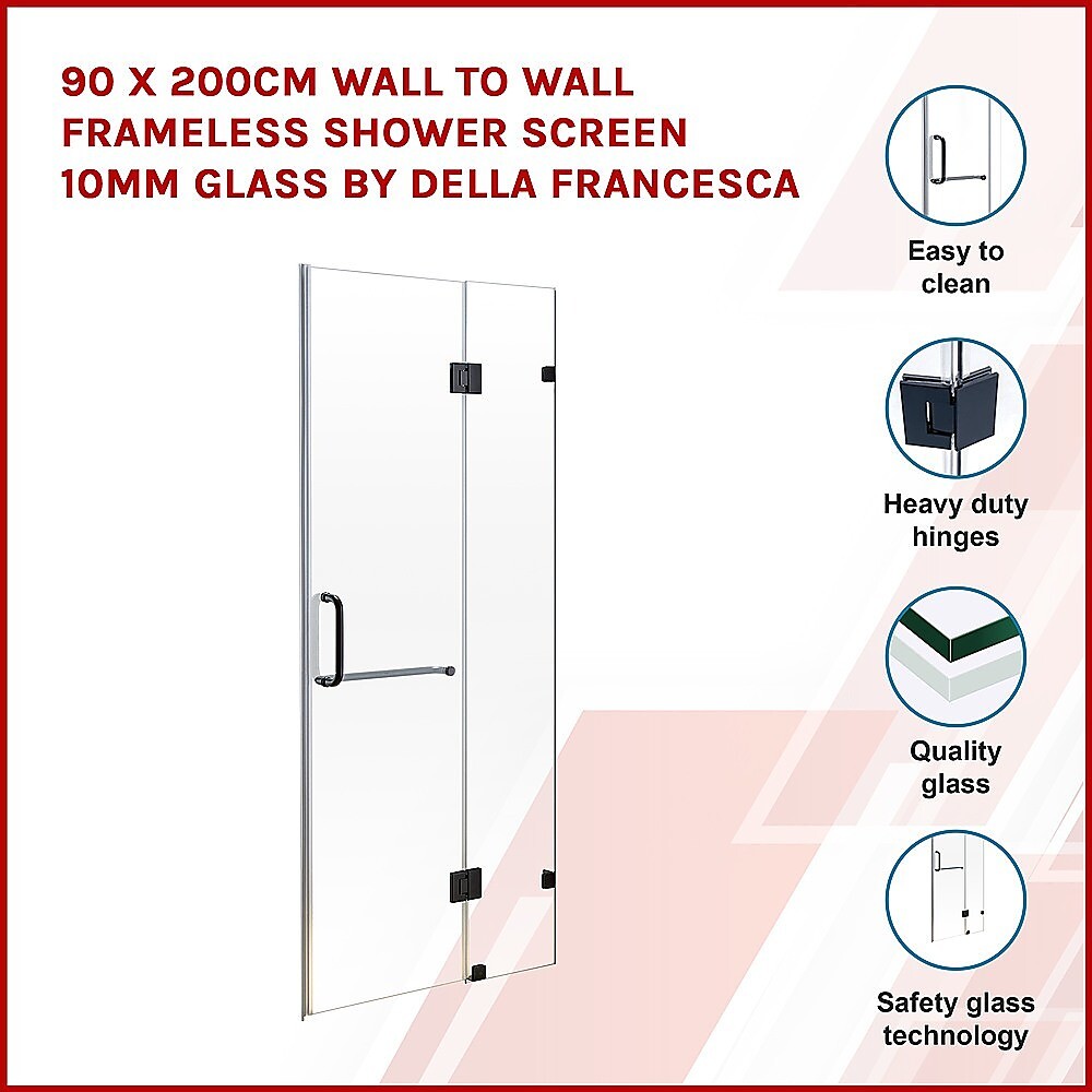 90 x 200cm Wall to Wall Frameless Shower Screen 10mm Glass By Della ...